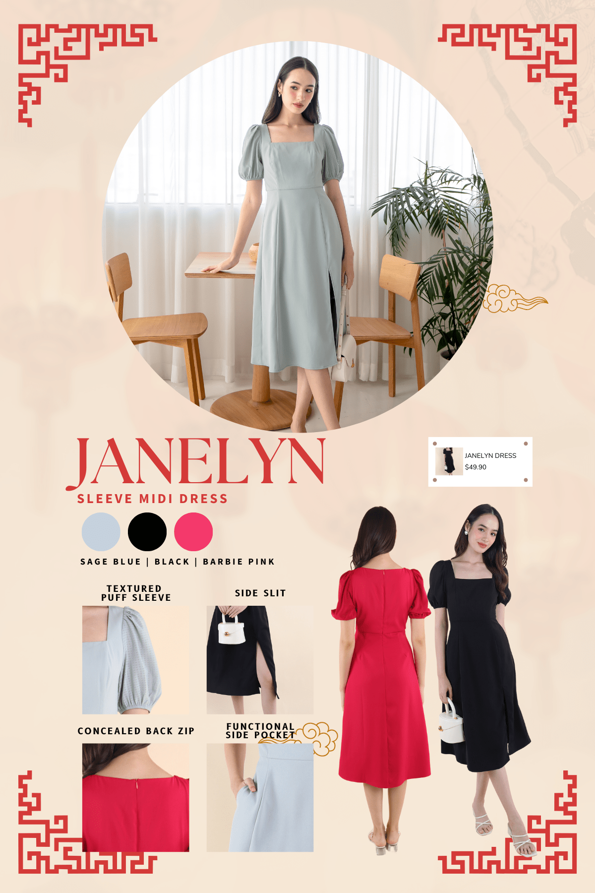 JANELYN SLEEVE MIDI DRESS IN BLACK | NEONMELLO