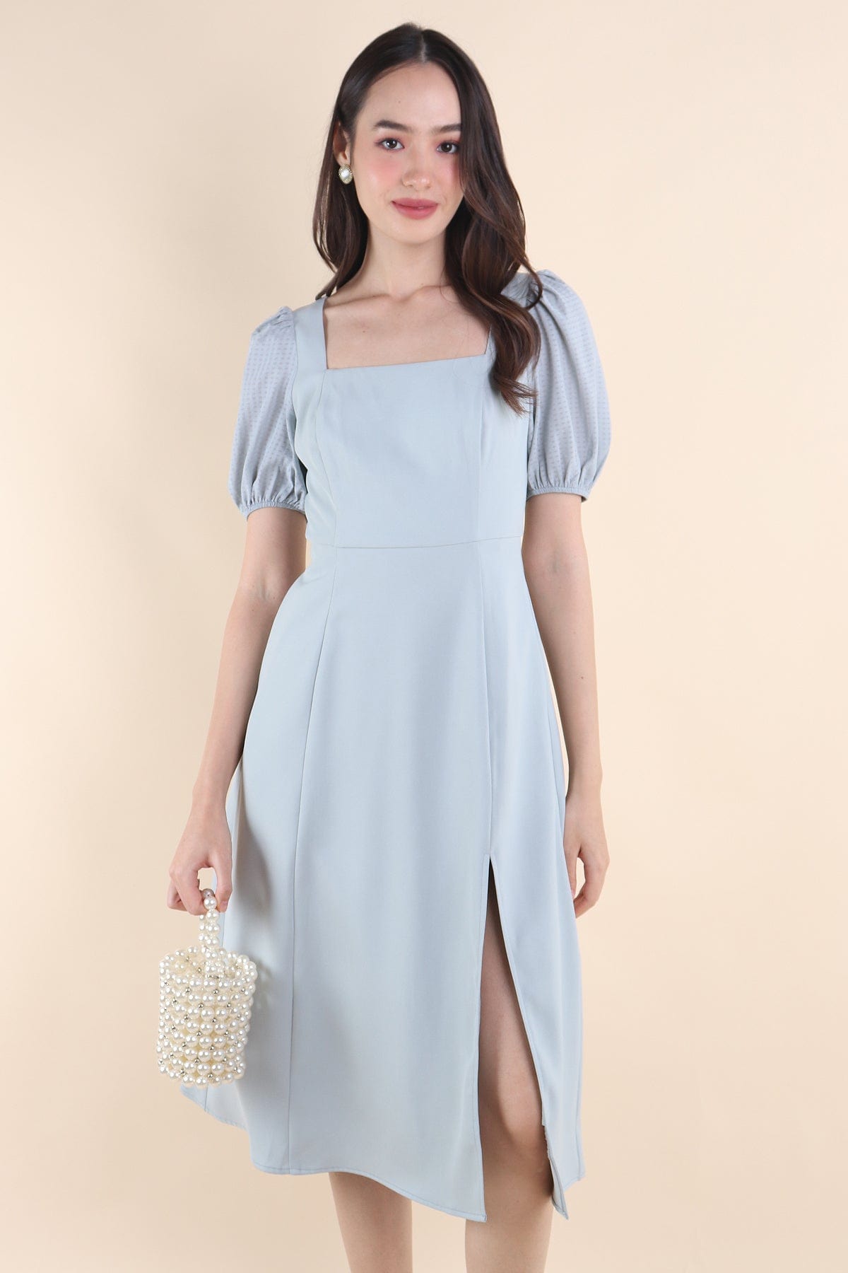 JANELYN SLEEVE MIDI DRESS IN SAGE BLUE | NEONMELLO