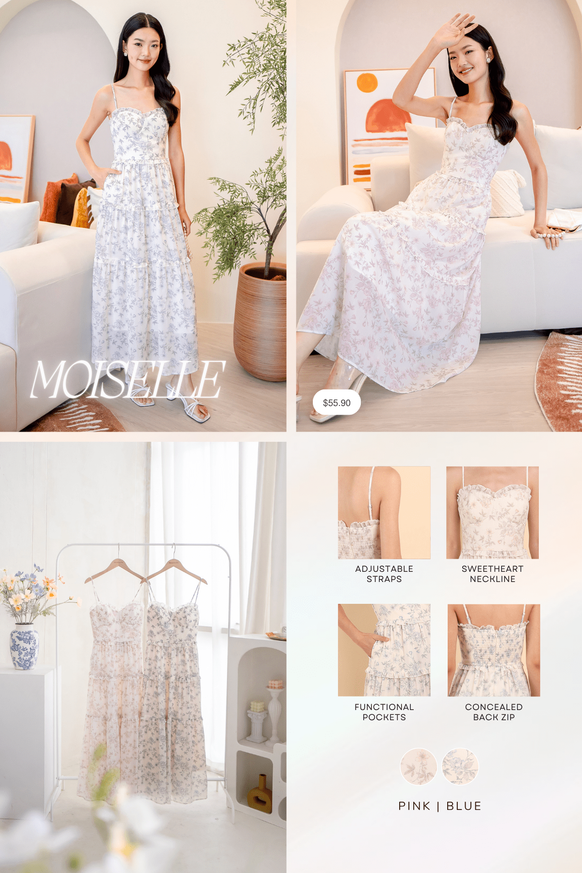 MOISELLE PADDED RUFFLES MAXI DRESS IN BLUE | NEONMELLO