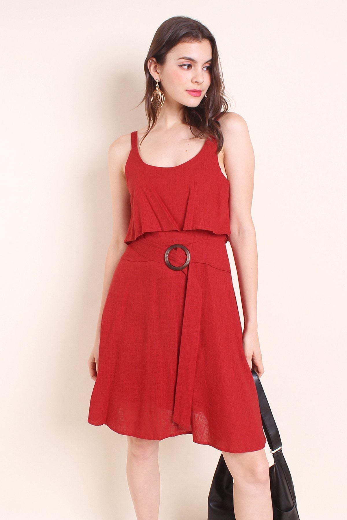 MADEBYNM KAIA TIER BELTED LINEN SUMMER DRESS IN BURNT ORANGE | NEONMELLO
