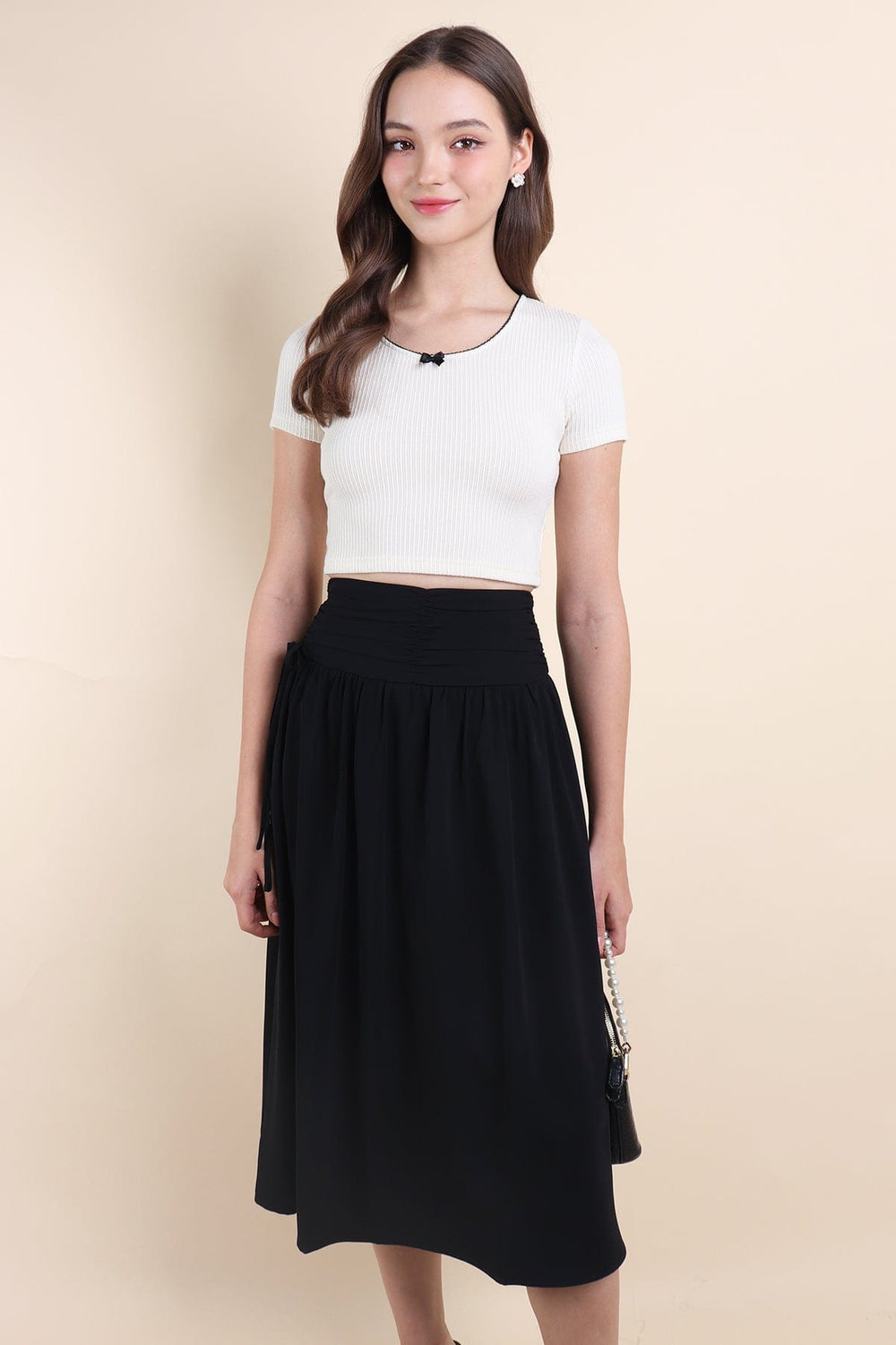 ADORA RUCHED MIDI SKIRT IN BLACK | NEONMELLO