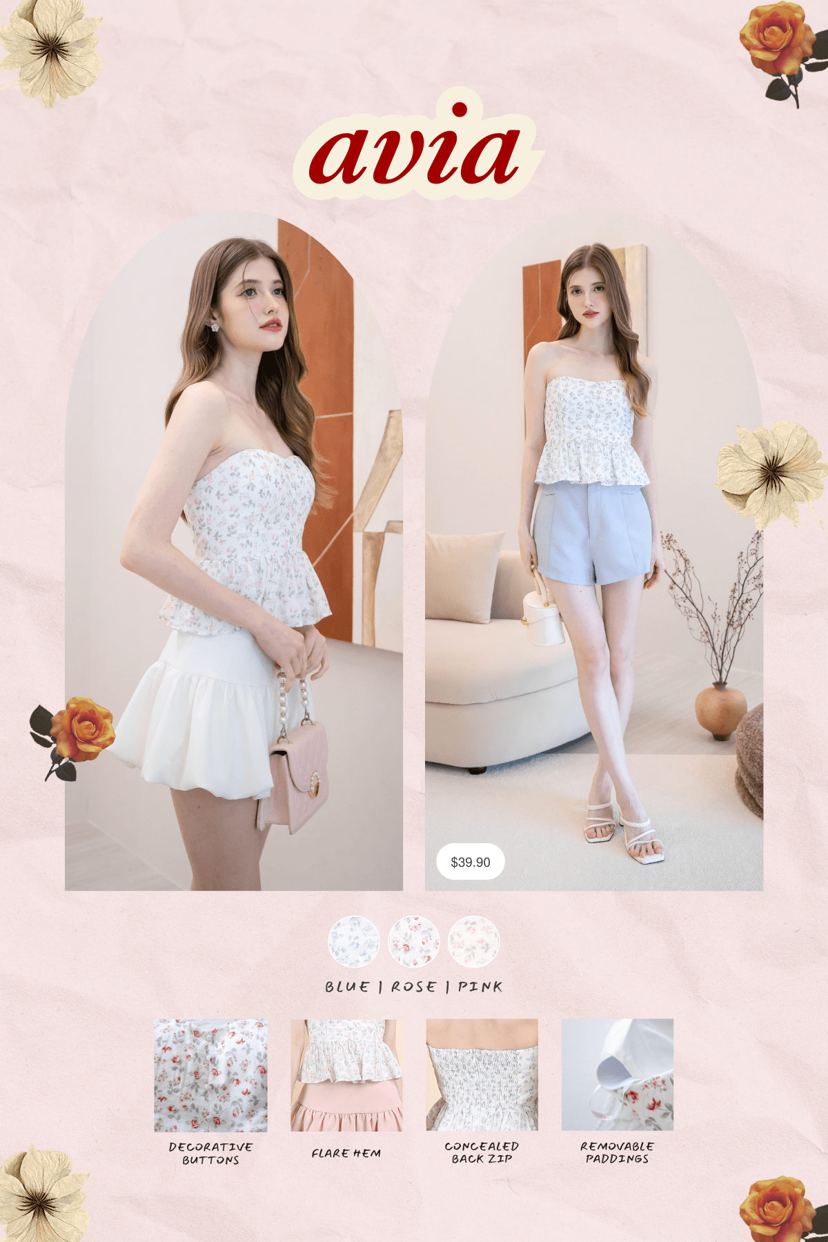 AVIA FLORAL PADDED TUBE TOP IN BLUE | NEONMELLO