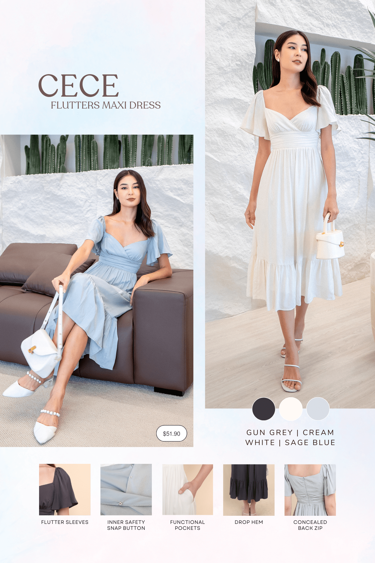 CECE FLUTTERS MAXI DRESS IN CREAM WHITE | NEONMELLO