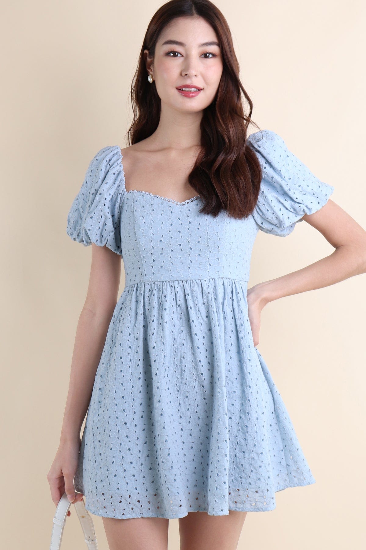 EMBER PUFF SLEEVES EYELET DRESS IN BLUE | NEONMELLO