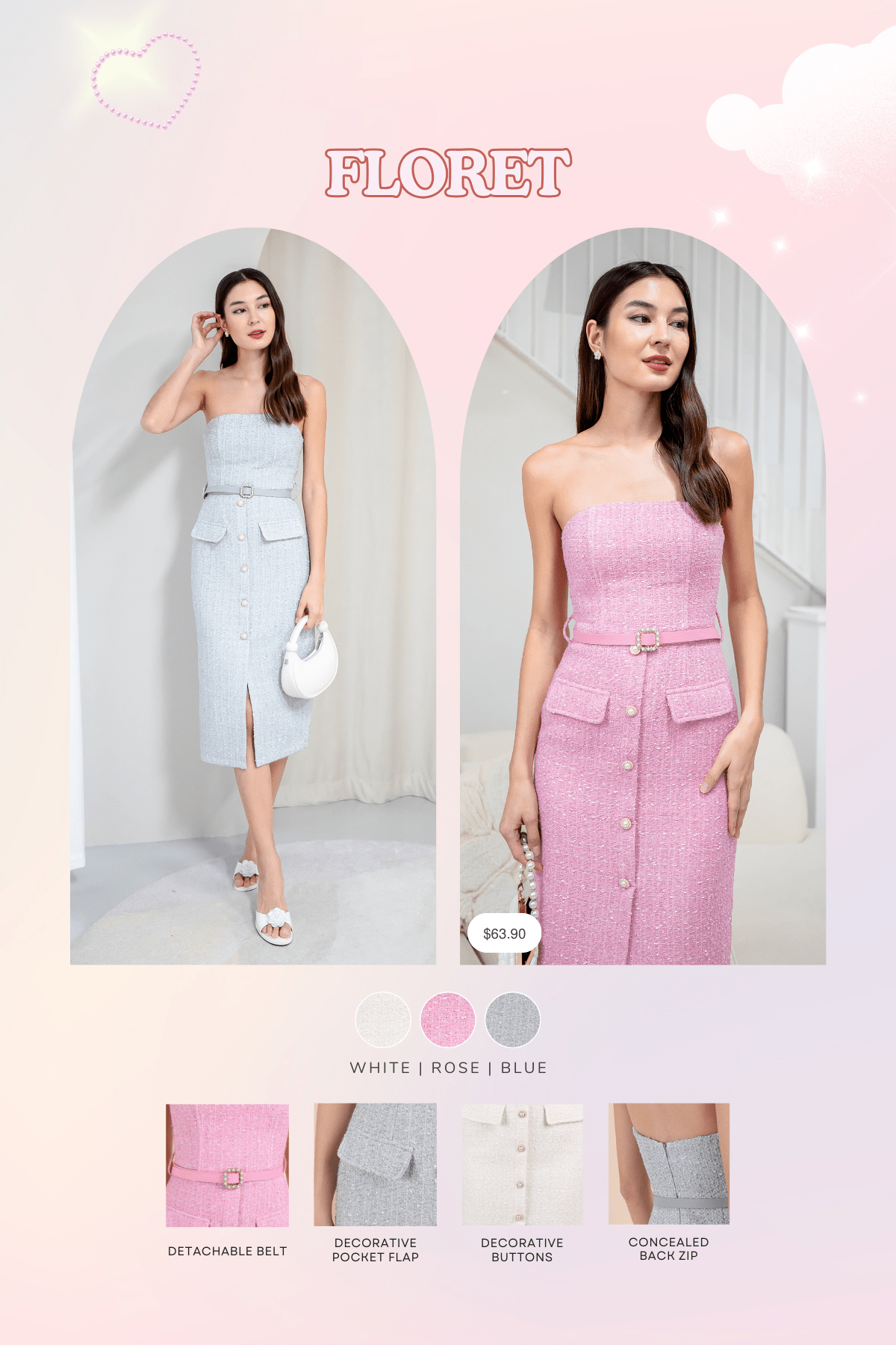 FLORET TWEED BELTED TUBE MIDI IN ROSE | NEONMELLO