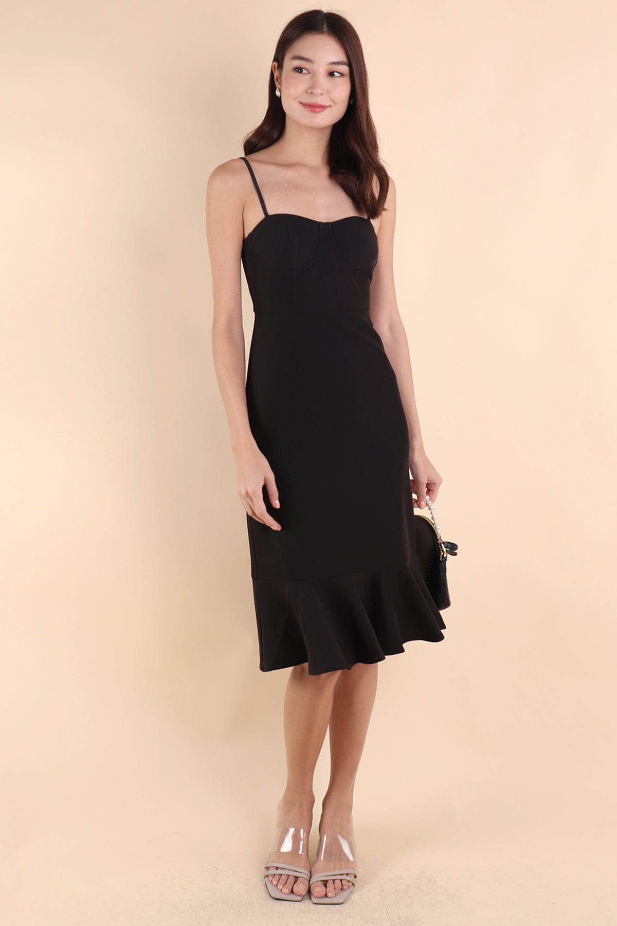 IMOGEN PADDED FLUTTERS DRESS IN BLACK | NEONMELLO