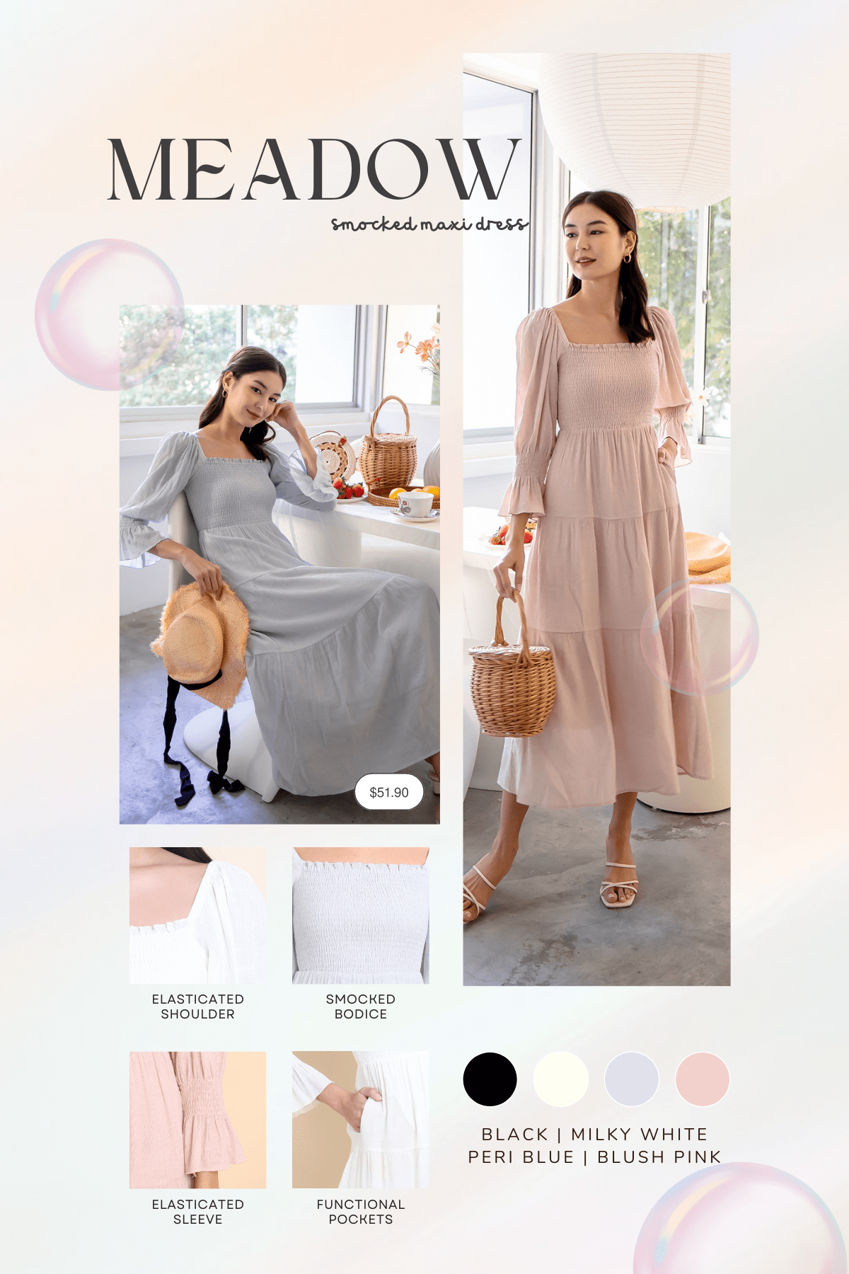 MEADOW SMOCKED MAXI DRESS IN PERI BLUE | NEONMELLO