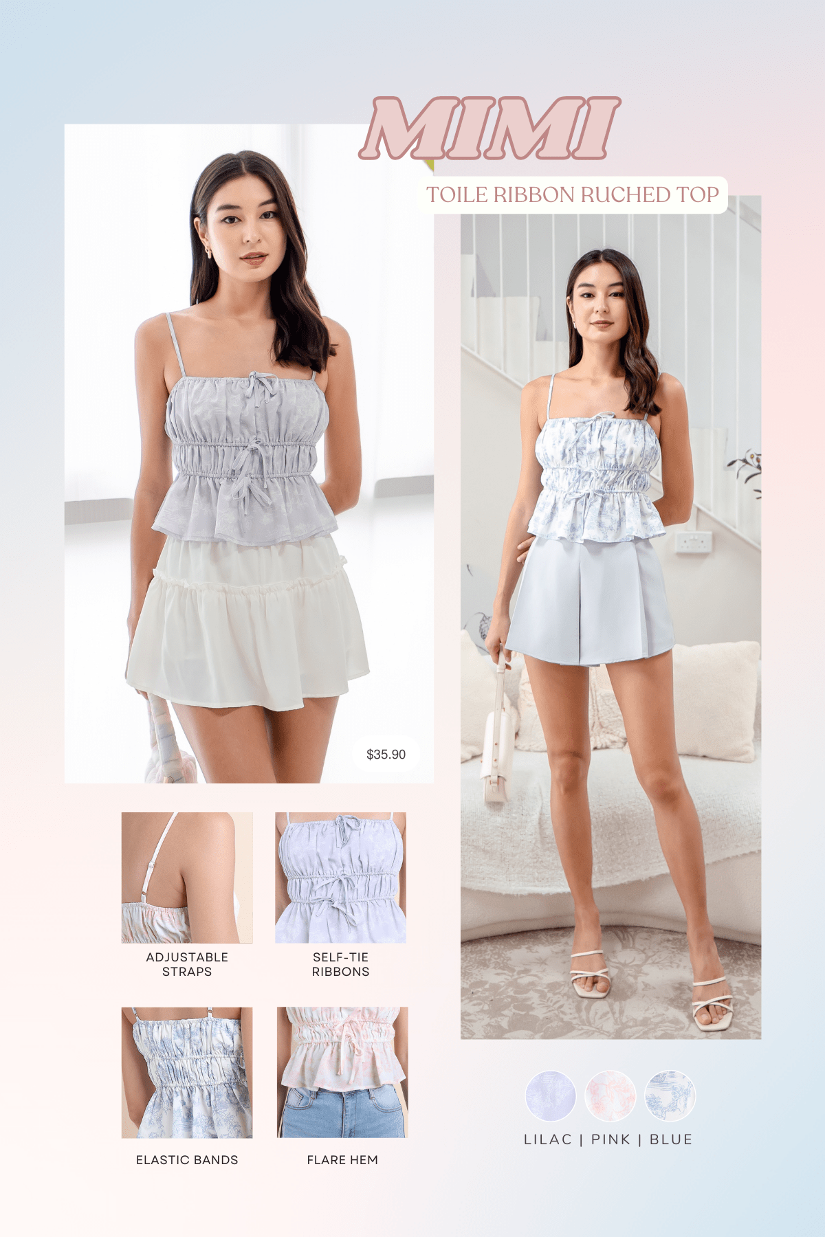 MIMI TOILE RIBBON RUCHED TOP IN LILAC | NEONMELLO