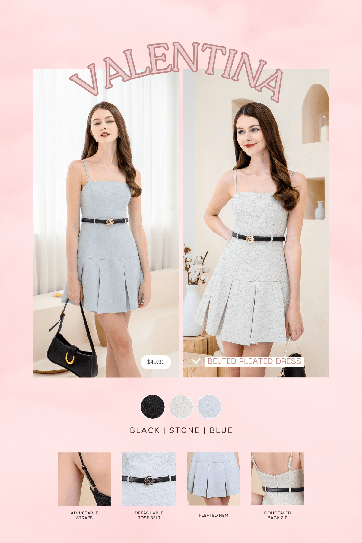 VALENTINA BELTED PLEATED DRESS IN BLUE | NEONMELLO