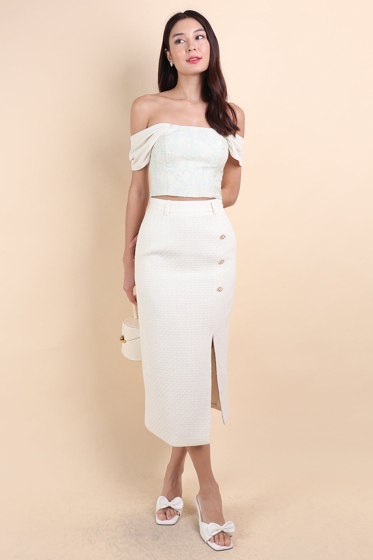 WINSTON TWEED SLIT MIDI SKIRT IN CREAM WHITE | NEONMELLO