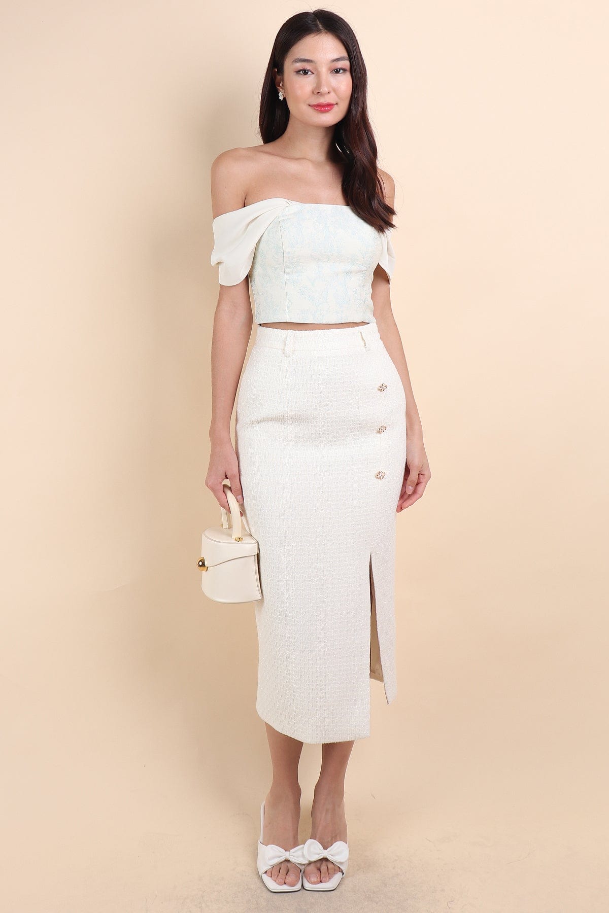 WINSTON TWEED SLIT MIDI SKIRT IN CREAM WHITE | NEONMELLO