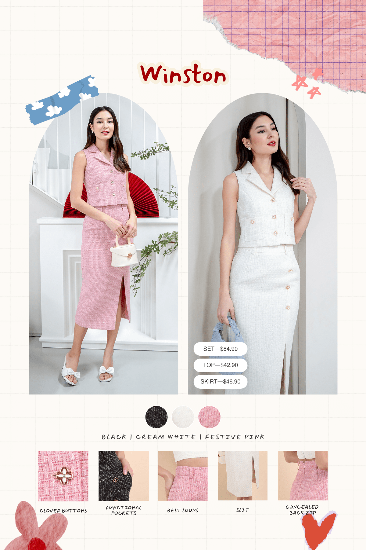 WINSTON TWEED SLIT MIDI SKIRT IN CREAM WHITE | NEONMELLO