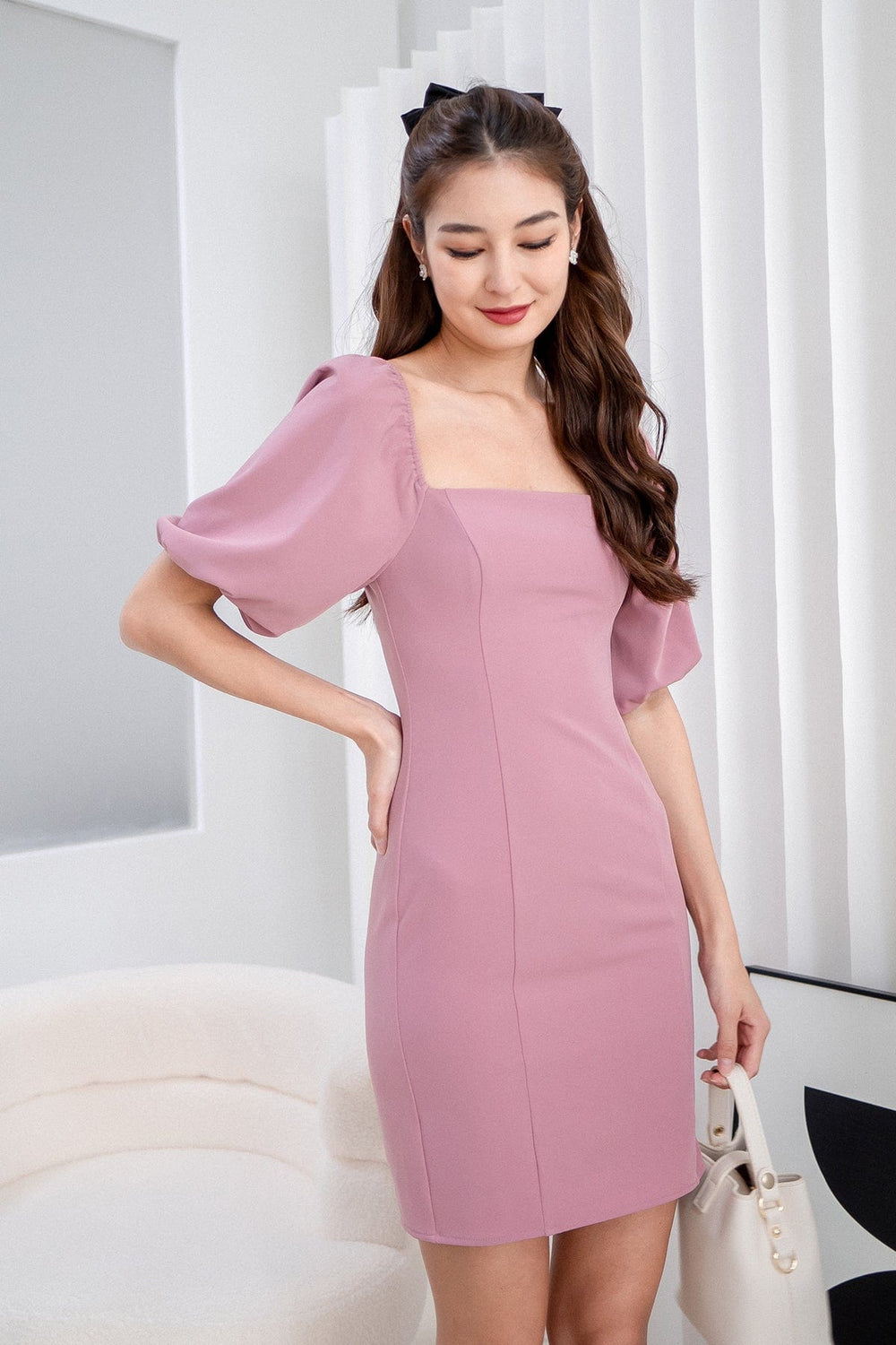 NATTY PUFF SLEEVE WORK DRESS IN ROSE MAUVE | NEONMELLO