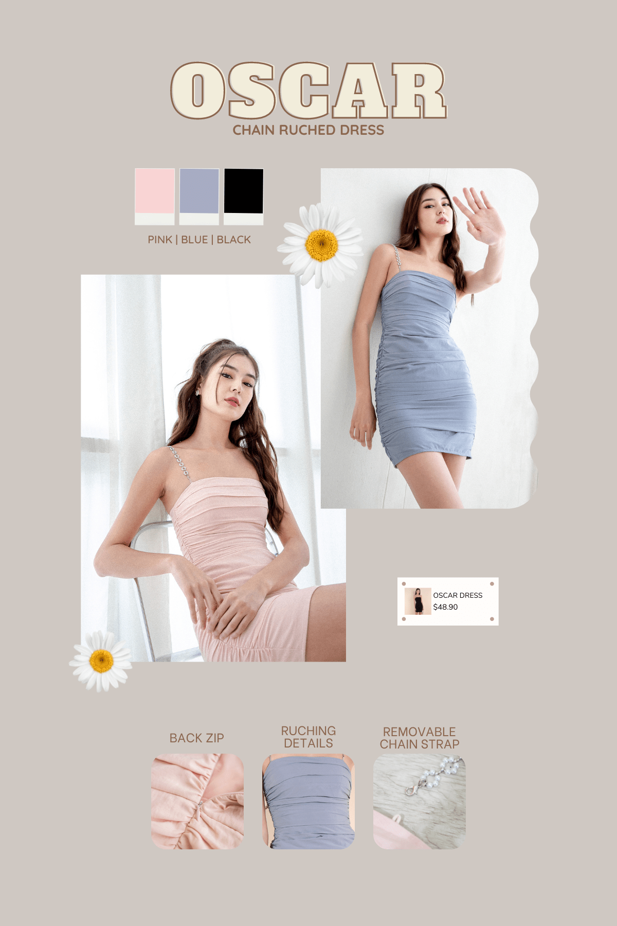 OSCAR CHAIN RUCHED DRESS IN BLACK | NEONMELLO